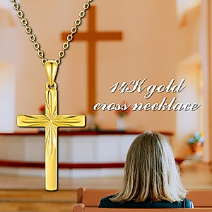14K Solid Gold Cross Necklace for Women, Delicate Gold Italian Diamond-cut Cross Pendant Necklace Religious Jewelry for Girl, Wife, Mom, 16"-18"