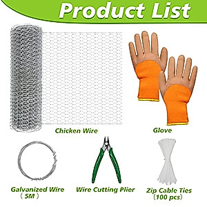 Chicken Wire, 16.9 In × 32.8 Ft Chicken Wire Fencing, Chicken Coop Accessories, 0.6 Inch Hexagonal Galvanized Wire Mesh for Rabbit Garden, Protecting Chicken Feeder Waterer, with Pliers & Glove