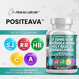 Clean Nutraceuticals St Johns Wort 10000mg Rhodiola Rosea 20000mg Holy Basil 3000mg Ashwagandha 6000mg - Mood Support for Women and Men with Vitamin C & Black Pepper Extract - 90 Caps