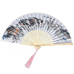 Qoyapow Foldable Fan Handheld Fabric Bamboo Fan Chinese Vintage Style Hand Held Folding Fans for Party Wedding Dancing Decoration (Ancient Town)