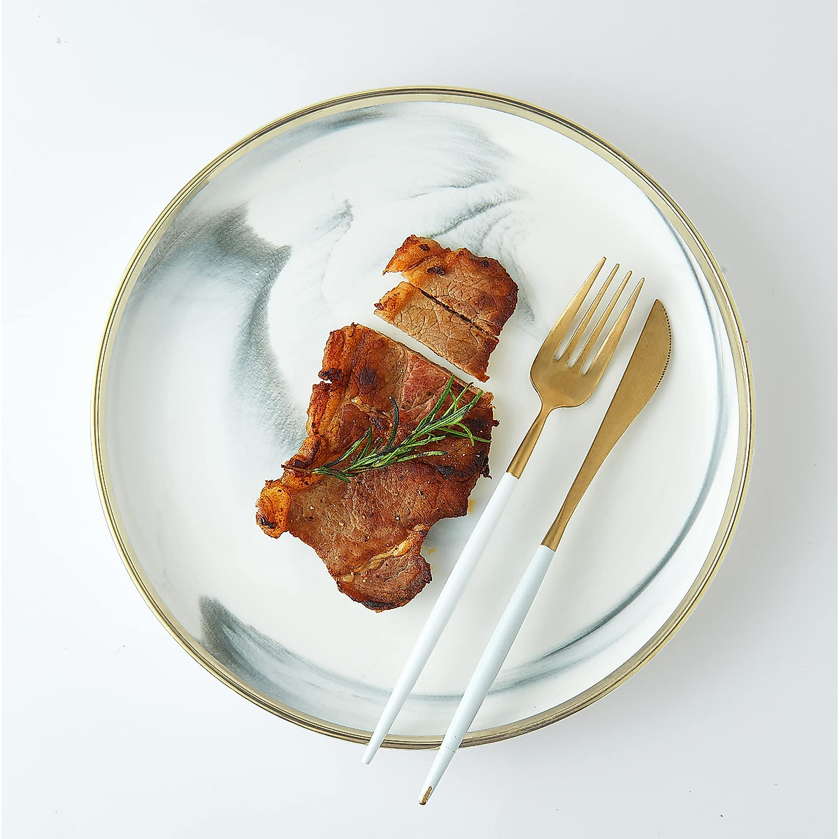 Pokini Dinnerware Sets, Marble Gold Line Plates and Bowls Sets Stoneware Dishes Set For 4, 12 Piece White Grey Marble Porcelain Round Dinner Dish Sets