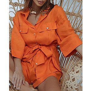 Fixmatti Womens Button Down Shirt and Shorts Set V Neck Half Sleeve Belted Sweatsuits Linen Outfits Orange M