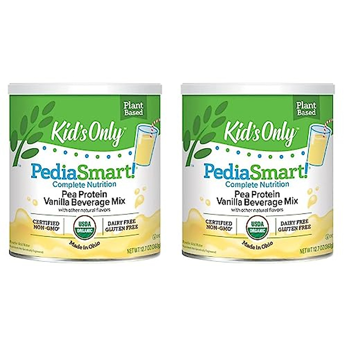 PediaSmart Organic Plant Based Pea Protein Vanilla Complete Nutrition Beverage Mix, 12.7 Oz (Pack of 2) | Non GMO | USDA Organic | Clean Label Project Verified