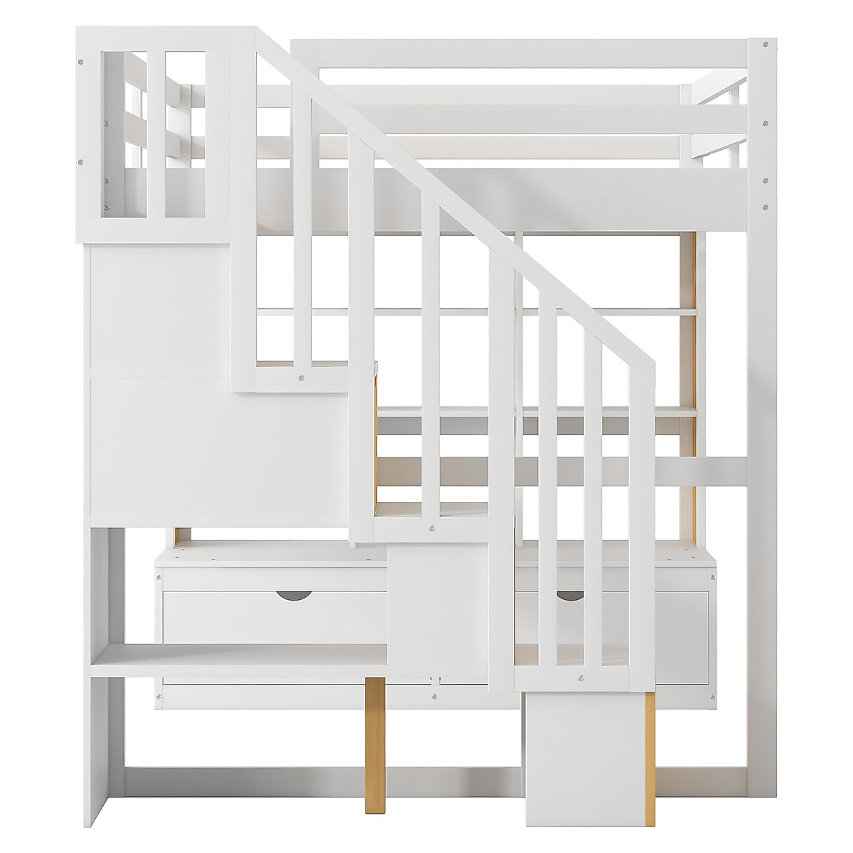 MERITLINE Full Size Loft Bed with Desk and Storage Stairs, Wood Loft Bed Full with Shelves & 2 Storage Drawers,Full Loft Bed with Desk Underneath for Kids Teens Boys Girls,White and Natural