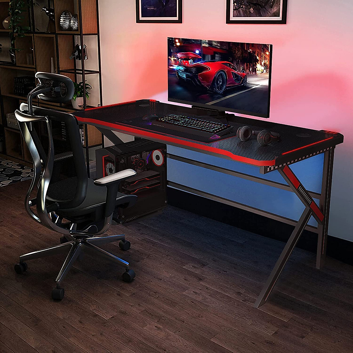 Arespark Gaming Desk with LED Lights, 47in Ergonomic Home Office Tables PC Study Desks, K-Shaped Carbon Fiber Surface Computer Desk Gamer Table Christmas Day Gamer Gift (47 Inch)
