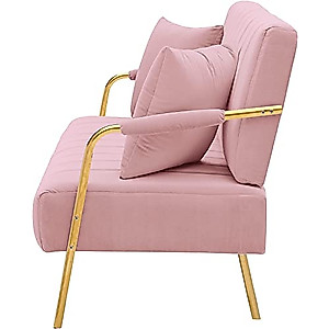 60" Contemporary Loveseat Sofa with 2 Pillows Modern Upholstered Twin Size Small Loveseat Couch Accent Sofa for Small Spaces Cashmere Sofa Couch with Golden Metal Legs for Bedroom Living Room (Pink)