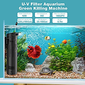 FishCheers Aquarium Filter for 25-198 Gal Fish Tanks, Green Killing Machine with 9W U-V Light Small Fish Tank Filters, Maximum Flow 185 GPH Submersible Aquarium Filter