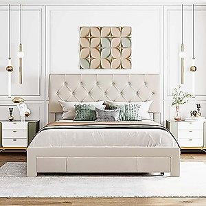 Queen Size Velvet Upholstered Platform Bed Frame with Headboard & Storage Drawer, Platform Bed with Sturdy Wooden Slats Support, No Box Spring Needed for Bedroom Small living Space (Beige, Queen)