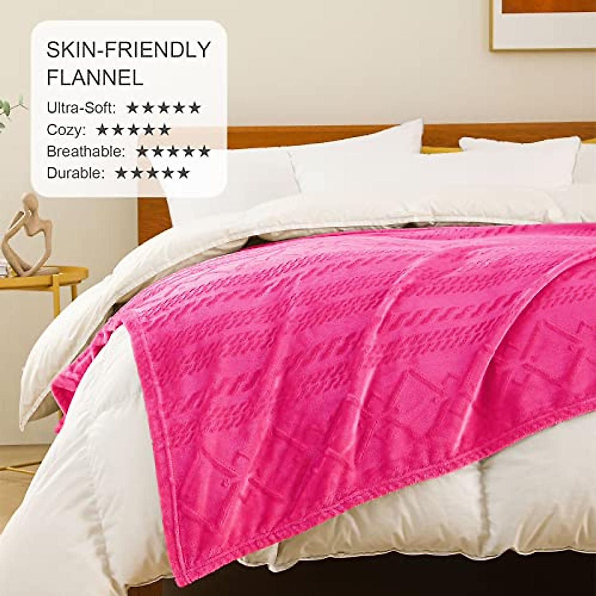 Exclusivo Mezcla Soft Throw Blanket, 50x60 Inches Fuzzy Fleece Blanket, Decorative Geometry Pattern Plush Throw Blanket for Couch Sofa, Hot Pink