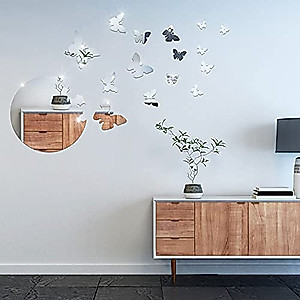 17 Pieces 3D Acrylic Mirror Wall Decor Stickers Removable Butterfly Mirror Wall Stickers DIY Mirror Butterfly Mural Stickers Butterfly Wall Stickers Decals for Home Living Room Bedroom (Silver)