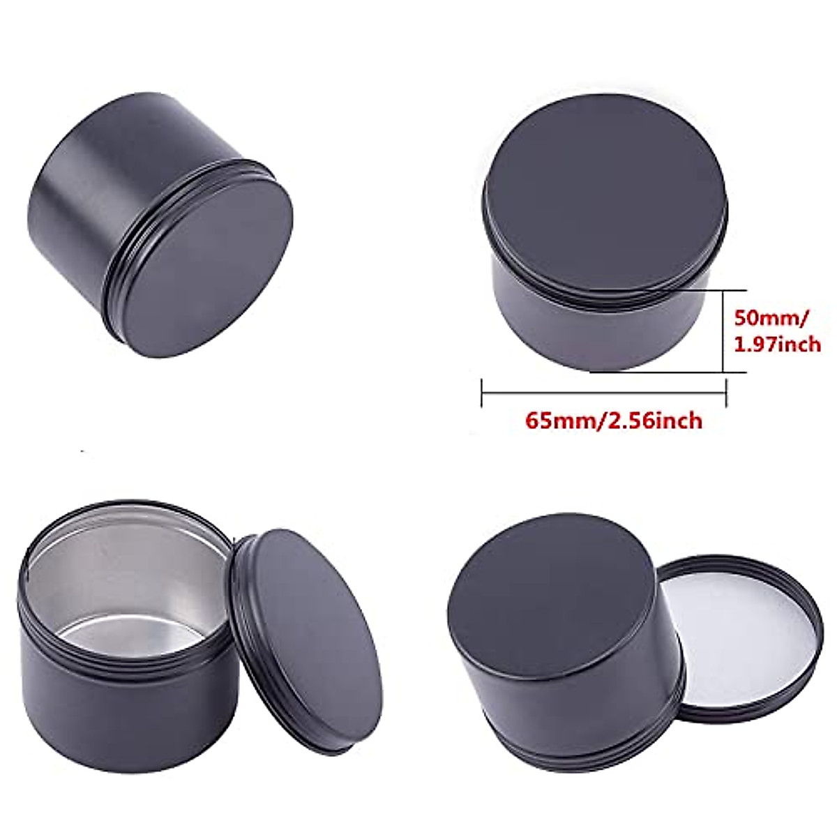 Healthcom 15 Packs 5 Oz Aluminum Tins Round Metal Tin Jars Screw Top Lids Steel Tin Cans Cosmetic Sample Containers Food Storage Organization for Accessories Spices Candies Tea Gift Giving(Black)