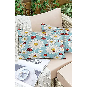 Outdoor Pillow Covers Set of 2, Daisy Ladybug Waterproof Throw Pillow Covers Fresh Flower Garden Patio Furniture Cushion Cover for Sofa Outdoor Decor, 20x12inch