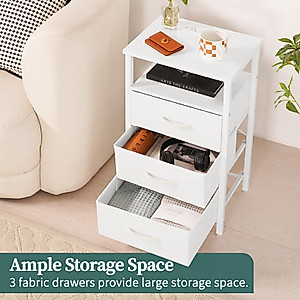 Yoobure Night Stand with Charging Station, 16 Colors LED Nightstand with USB Ports and Outlets, End Table with 3 Fabric Drawers and Storage Shelf, Bedside Tables Small Dresser for Small Space White