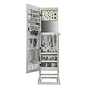 Abington Lane Standing Jewelry Armoire - Lockable Cabinet Organizer Jewelry Storage with Full Length Mirror and LED Lights (Antique White)