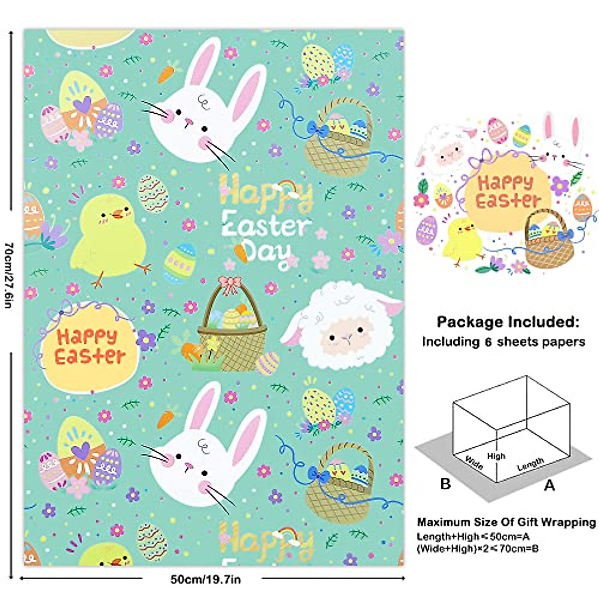 Gift Wrapping Papers, Easter Egg Rabbit Sheep Chick Wrap Paper, Happy Easter Theme Gift Wrap Paper for Kids Girls Boys Family Friends in Eater Day or Birthday Party, 20 x 28 inches per sheet(6 sheets)