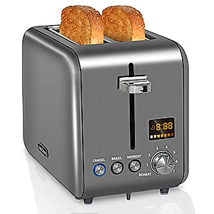 SEEDEEM Toaster 2 Slice, Stainless Steel Bread Toaster with Colorful LCD Display, 7 Bread Shade Settings, 1.4'' Wide Slots Toaster with Bagel/Defrost/Reheat Functions, Removable Crumb Tray, 900W, Dark Metallic