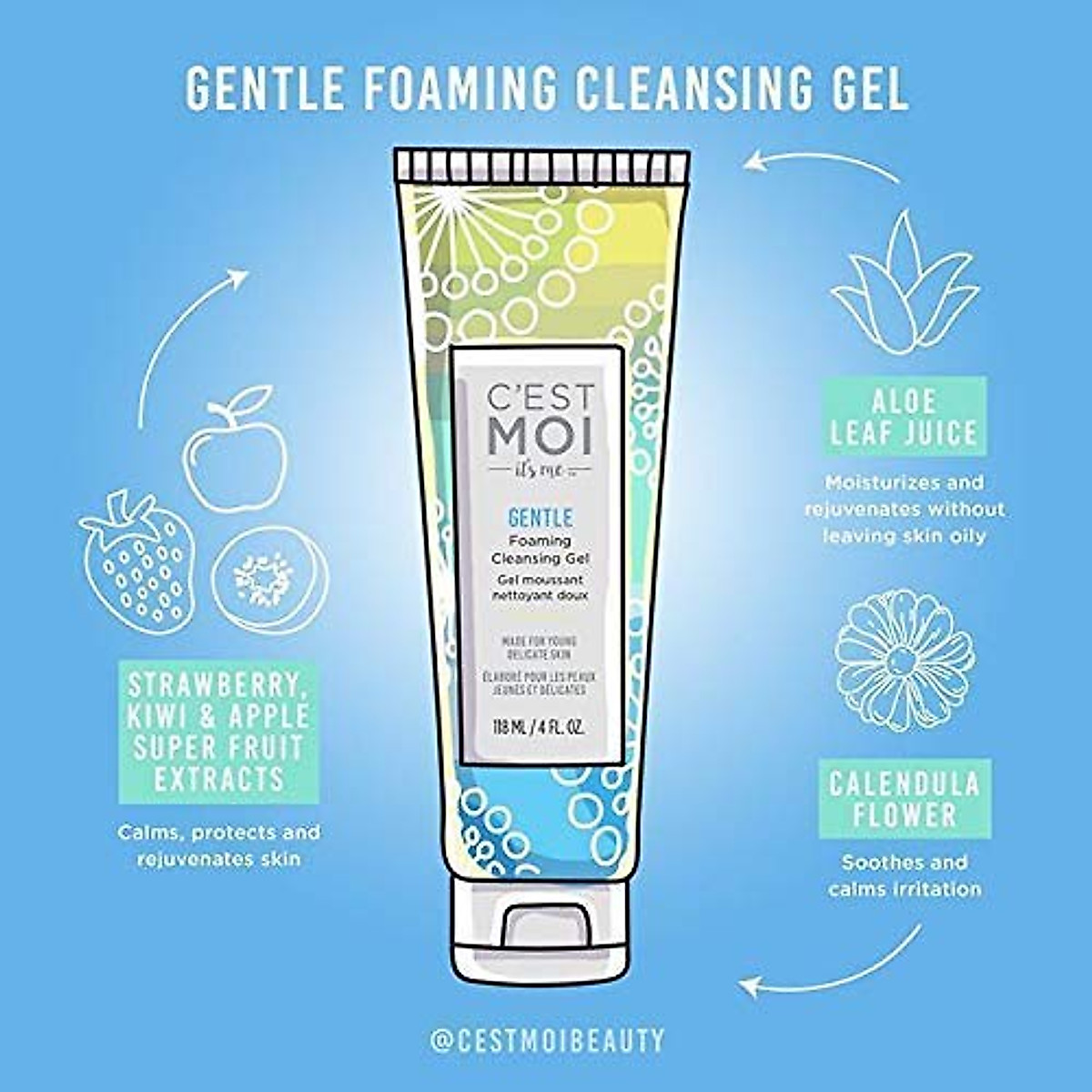 C'est Moi Gentle Foaming Cleansing Gel | Fragrance-Free Gel Cleanser made with Organic Aloe, Calendula and Strawberry, Kiwi, Apple Extracts, Gentle, Nourishing, Clearing, Balancing, 4 fl oz.
