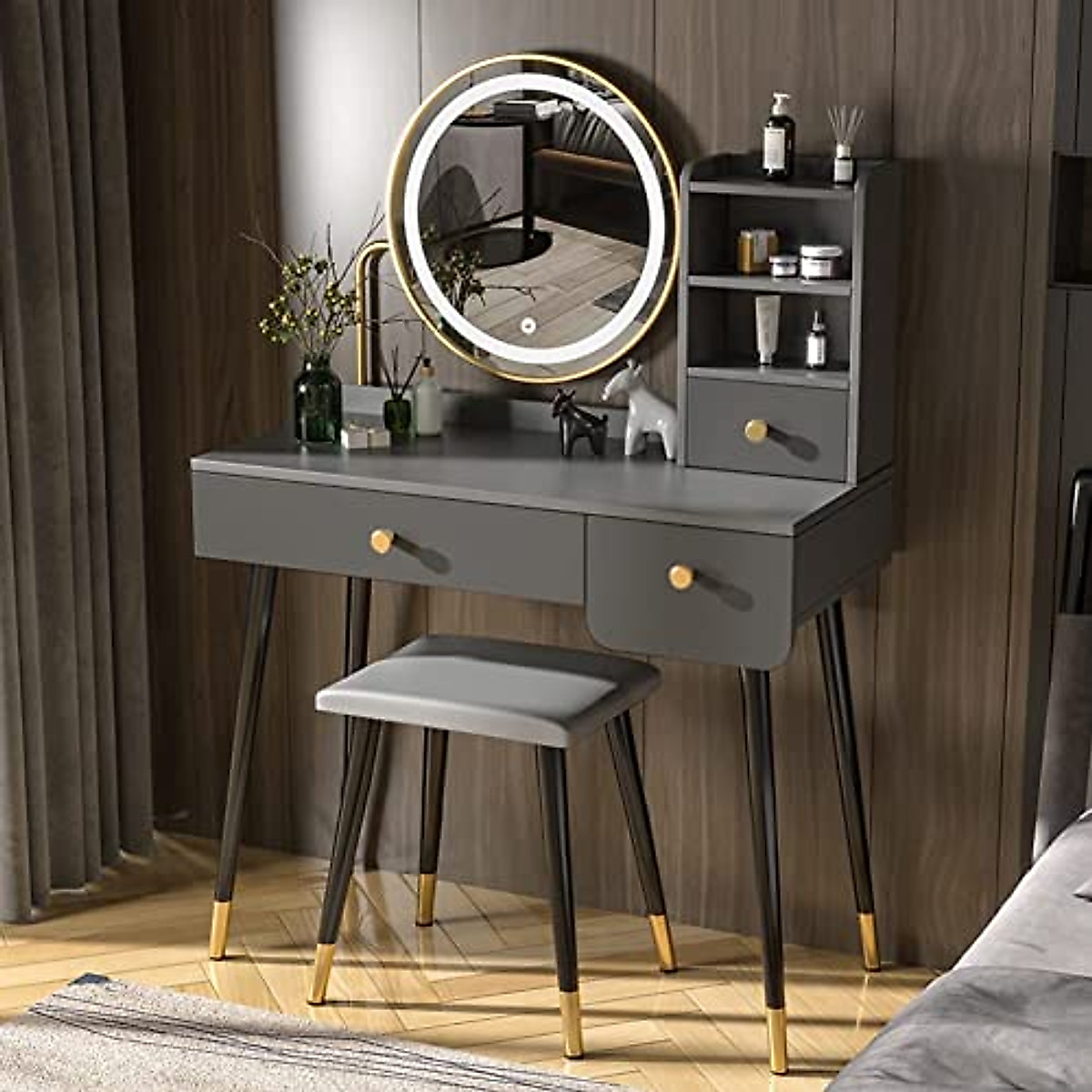 Vanity Desk,Make Vanity Set with Touch Screen Dimming Mirror, 3 Color Lighting Modes, Dressing Table with 3 Sliding Drawers, Modern Bedroom Makeup Table and Cushioned Stool Set for Women Girls