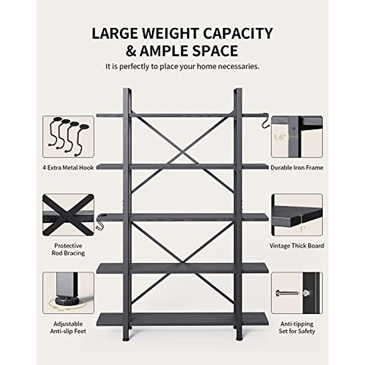 Gizoon 5 Tier Bookshelves for Storage, Industrial Tall Wood Bookshelf with 4 Hooks, Metal Frame Display Shelves for Bedroom, Living Room, Kitchen, Black