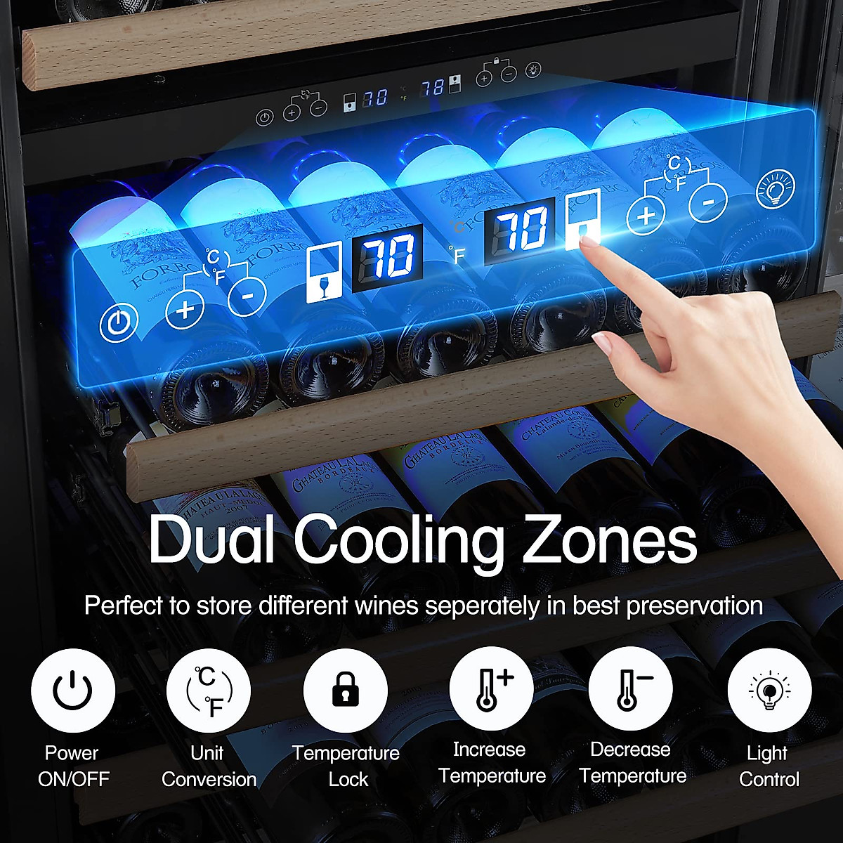 BODEGA Wine Cooler Refrigerator 24 Inch, 174 Bottle Dual Zone Wine Fridge with Double-Layer Tempered Glass Door and Temperature Memory Function,Built-in or Freestanding