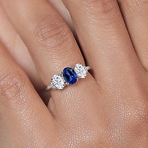 Gem Stone King 10K White Gold Customized and Personalized 3 Oval Gemstone Birthstone and White Diamond Accent Engagement Ring For Women (Size 9)