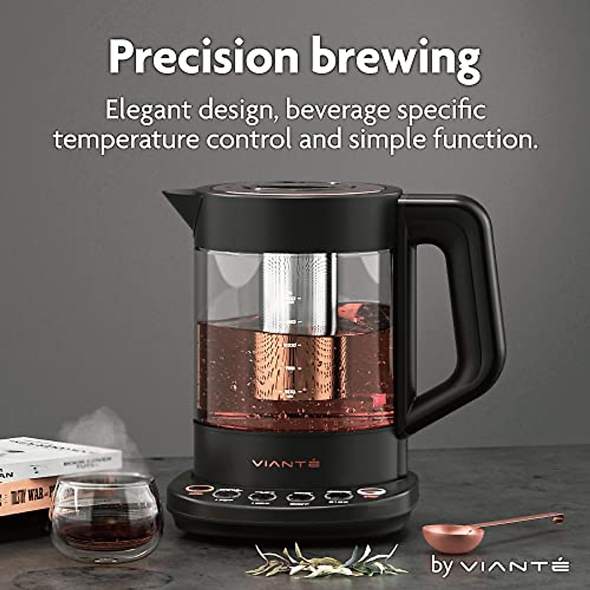 Hot Tea Maker Electric Glass Kettle with tea infuser and temperature control. Automatic Shut off. Brewing Programs for your favorite teas and Coffee.