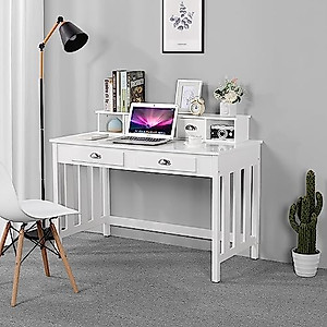 Yaheetech Writing Computer Desk Home Office Desk with Drawers and Hutch, 47 In Wood Frame Secretary Desk for Home Office with Large Desktop, Modern Workstation with Removable Floating Organizer, White