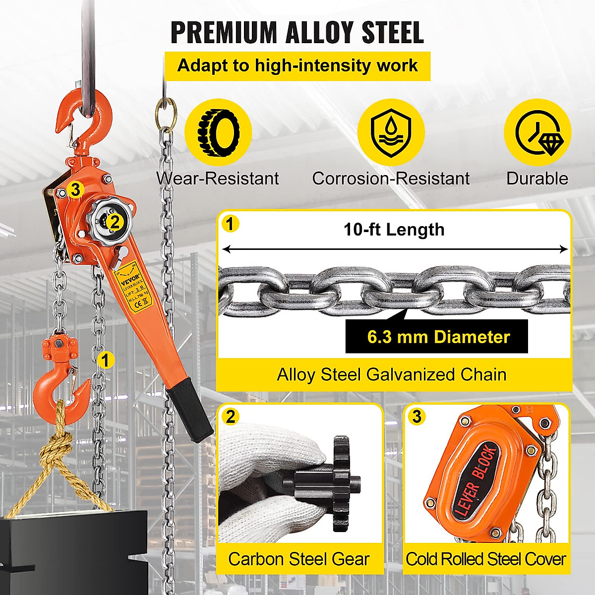 VEVOR Lever Chain Hoist, 0.75Ton 1650lbs Capacity Ratchet Puller with 10FT Max. Lifting Height, Come Along 2 Heavy Duty Steel Hooks, Manual Handling Tool for Cargo Moving in Construction, Warehouse , Orange