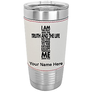 LaserGram 20oz Vacuum Insulated Tumbler Mug, Bible Verse John 14-6, Personalized Engraving Included (Faux Leather, Baseball Style)