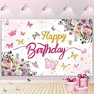 Butterfly Birthday Decorations Butterfly Backdrop Butterfly Birthday Banner for Girls Baby Shower Birthday Party Supplies, Pink and Purple Floral Gold Spots Spring Theme Background 70.8 x 43.3 Inch