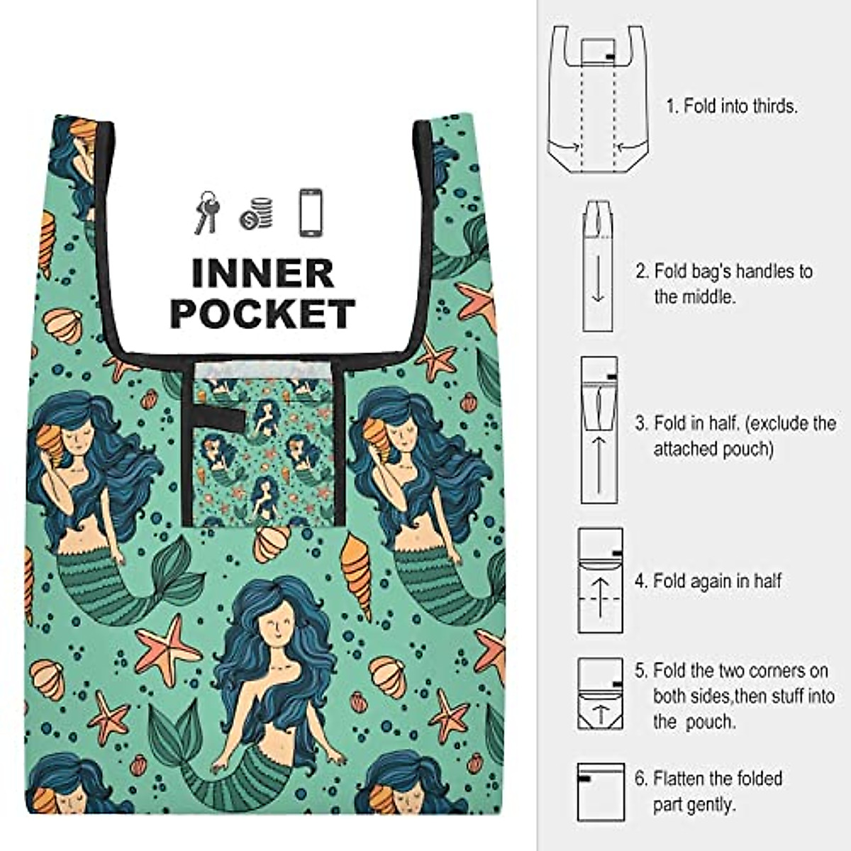 Cute Mermaid Secret Printed Reusable Grocery Bag with Handle Foldable Shopping Tote Bags Portable for Supermarket Camping