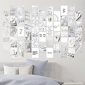 White Photo Collage Kit for Wall Aesthetic | Minimalist White and Grey Wall Posters for Teen Girl Dorm Room Decor | 50 Set 4x6 Inch