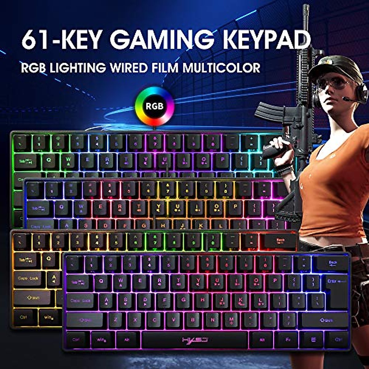 Gaming Keyboard and Mouse Combo,61 Keys Compact RGB Backlit Mechanical Feel Keyboard,RGB Backlit 2400 DPI Lightweight Gaming Mouse with Honeycomb Shell for Windows PC Gamers (4 in1/black Set)