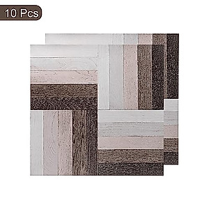 uxcell Peel and Stick Floor Wall Tiles Sticker, 10Pcs 12"x12" Self-Adhesive Wood Grain Floor Stickers Matte Frosted Flooring Tiles for Kitchen Bathroom and Home Decor, Beige+Grey