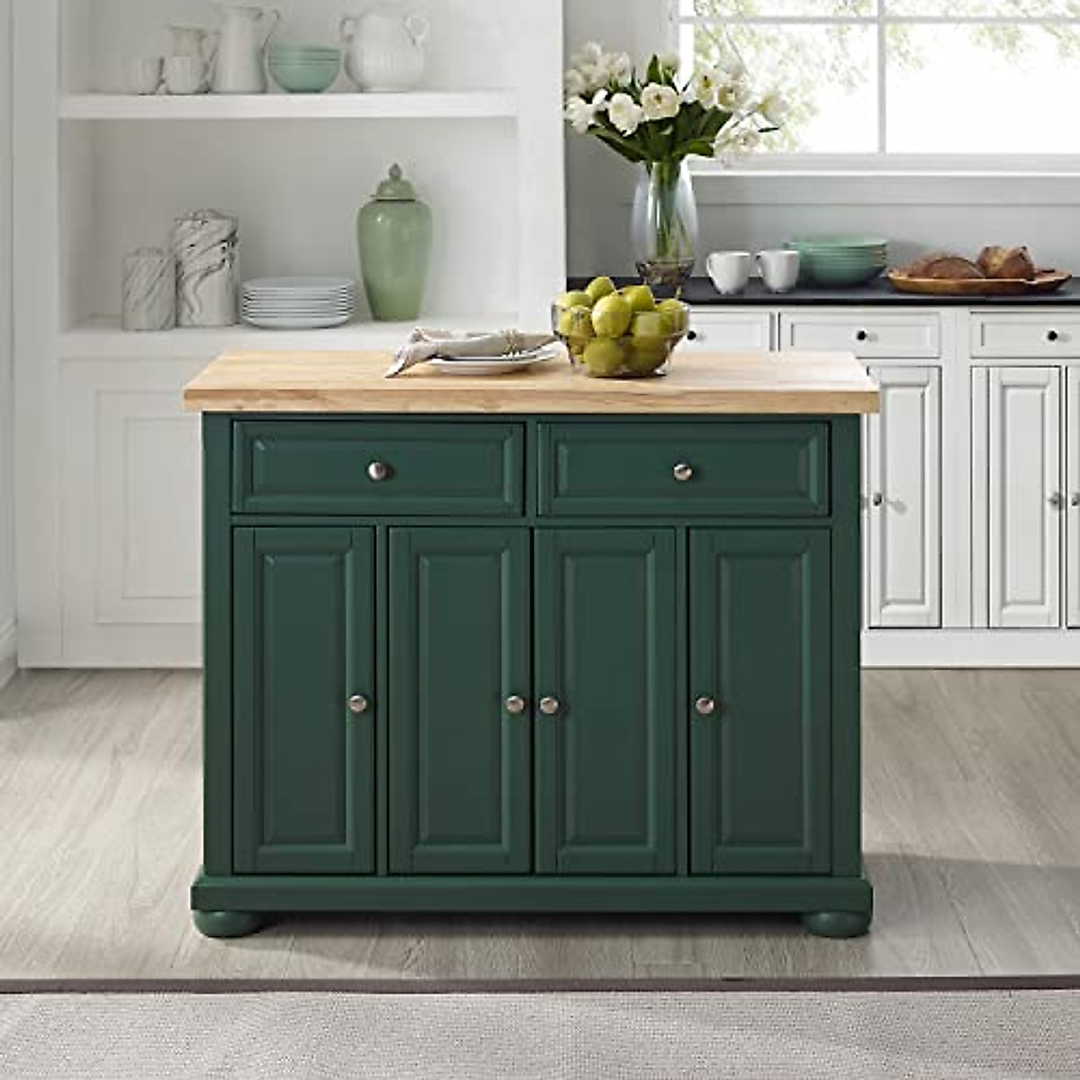 Crosley Furniture Madison Madison Rolling Kitchen Island Cart, Microwave Stand, Coffee Bar, with Shelves and Drawers, Emerald Green