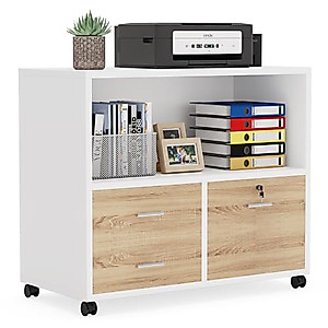 Tribesigns 3 Drawer File Cabinet with Lock, Mobile Lateral Filing Cabinet with Rolling Wheels, Large Printer Stand with Open Storage Shelves for Home Office