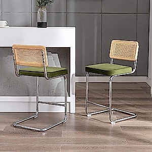 Zesthouse Modern Counter Height Stools, 24'' Natural Rattan Barstools Set of 2, Velvet Kitchen High Chairs with Backs, Mid Century Cantilevered Design Counter Chairs Island Stools, Green