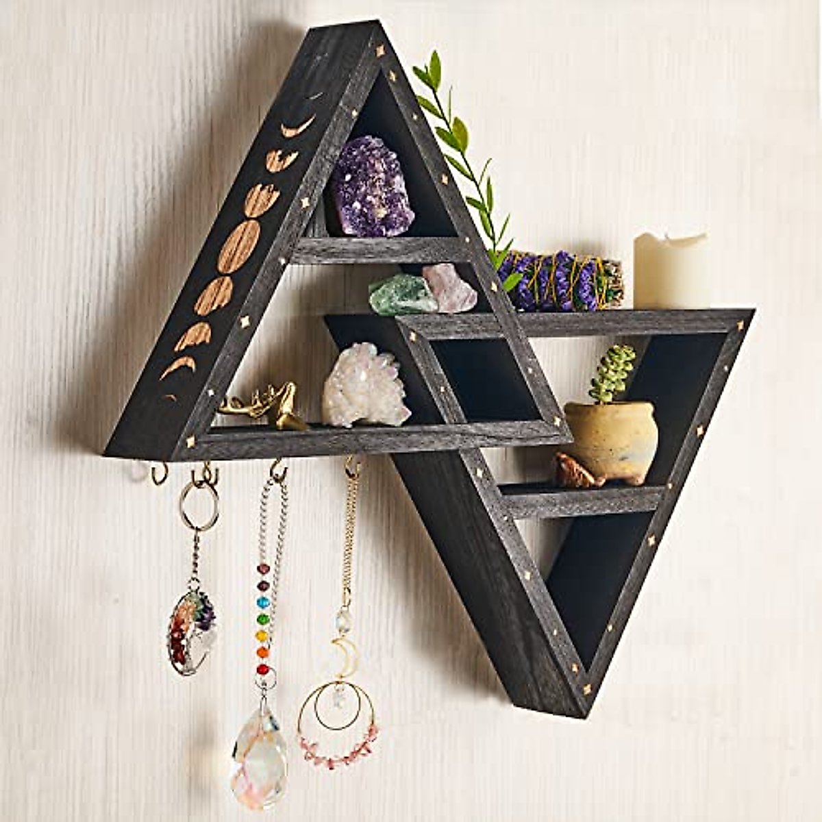 Sysnocon Triangle Crystal Shelf Display with Hooks, Moon Shelf for Witchy Room Decor Triangle Shelf for Crystal Stones Display, Crystal Holder Crystal Organizer Shelf for Living Room, Bed Room