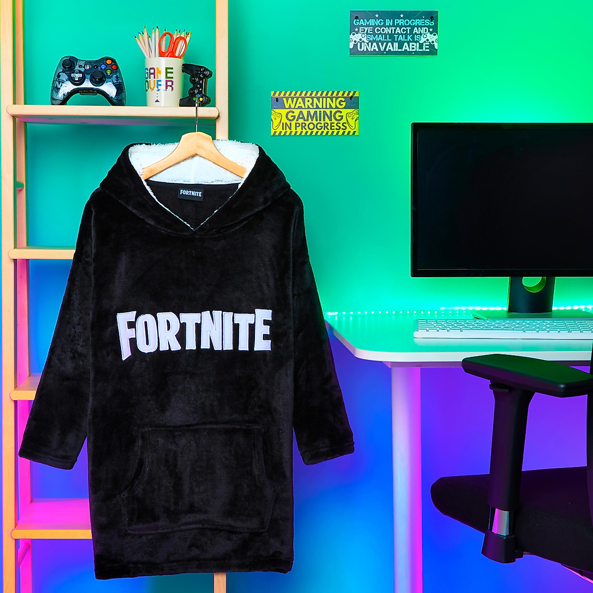 FORTNITE Oversized Hoodie Blanket Kids Fleece Extra Long Wearable Blanket Hooded Poncho Boys Girls Teens 14+ (Black)