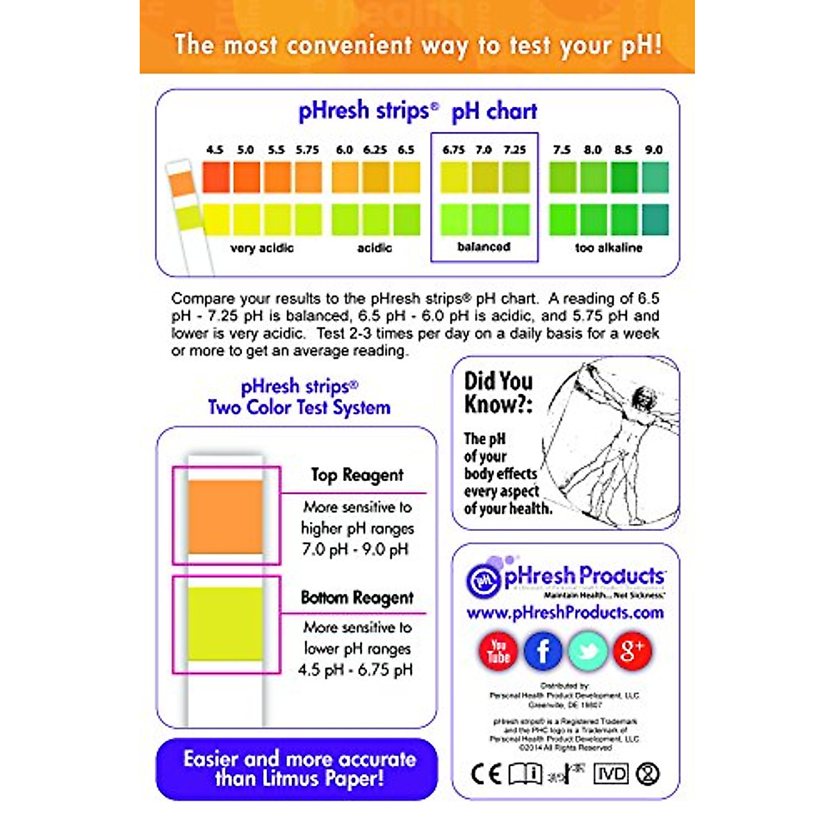 pHresh - pH Test Strips with Free Alkaline/Acidic Food Guide and pH Monitoring Kit - Easy to Use pH Meter - Monitor Your Body's pH Level - Narrow Range of pH 4.5-9.0 - 80ct