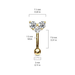 Amelia Fashion 16 Gauge Three Prong Set Round and Square CZ Heart Curved Barbell/Eyebrow Ring 316L Surgical Stainelss Steel (Choose Color) (Rose Gold/Clear)