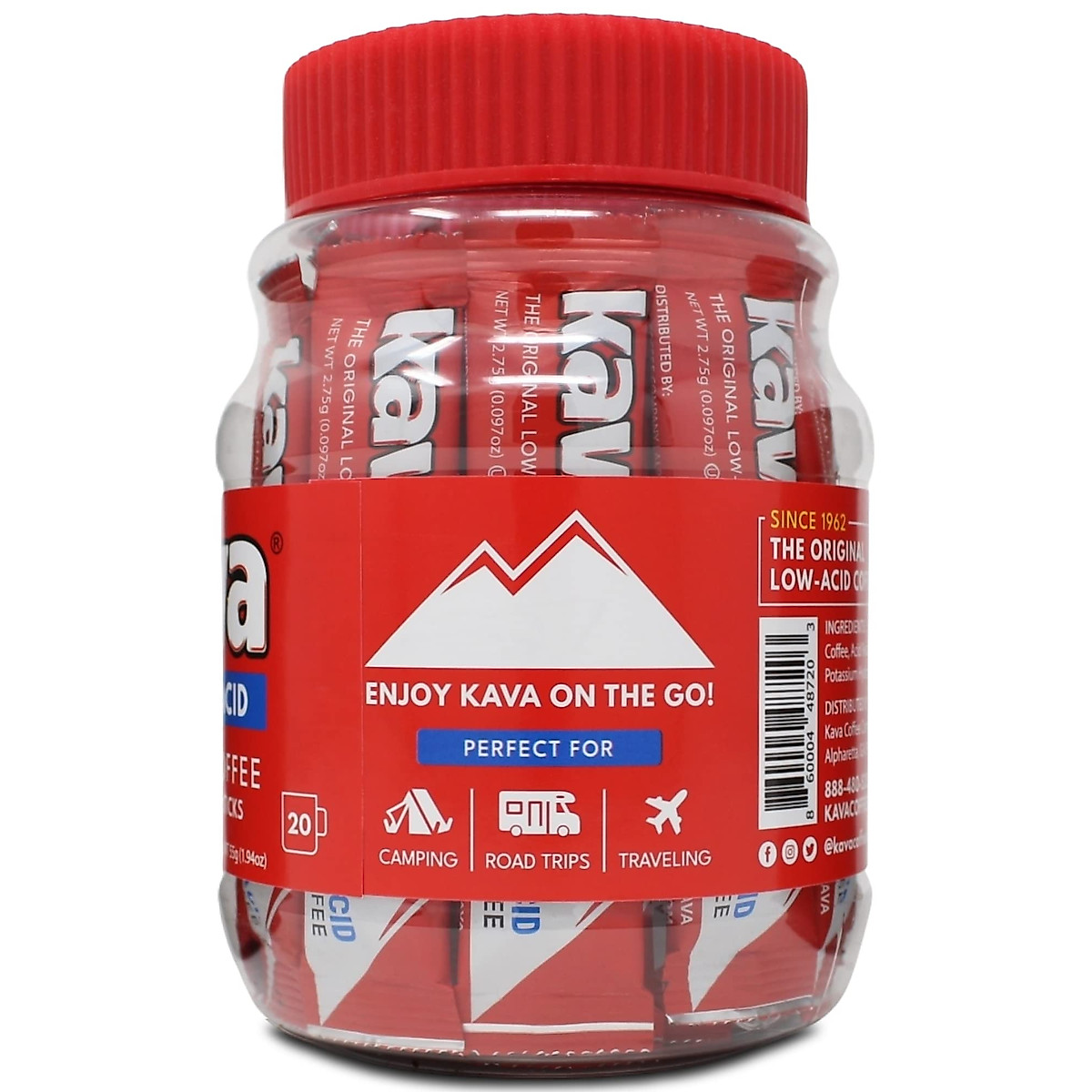 Kava Low Acid Instant Coffee Single Serve Stick Packets, 20 Count