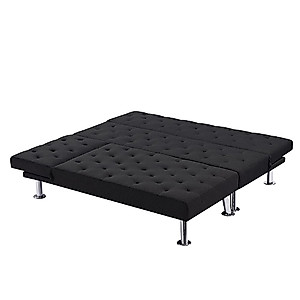 Modern Fabric Futon Sofa Bed with Convertible Single & Double Seat Futon Beds,L-Shaped Reversible Sectional Couch Sofa Bed with Metal Legs for Home/Living Room/Apartment/Dorm (Black + Fabric)