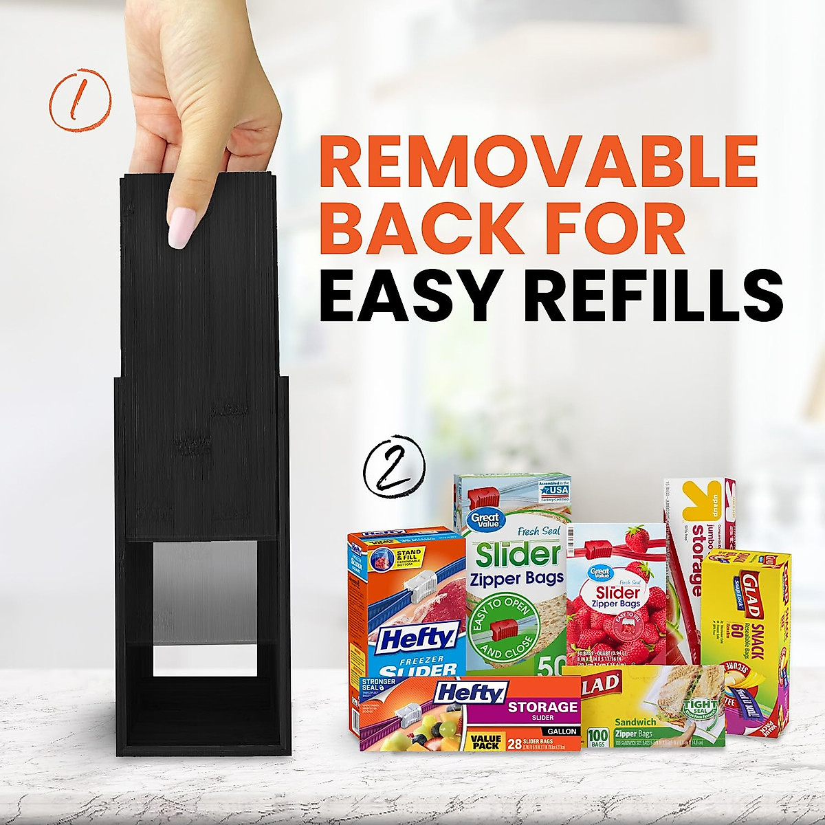 mHomeBilt Bag Storage Organizer - Bamboo Food Plastic Baggie Holder, Dispenser, and Container for Kitchen Drawer - Fits Major Brand's Gallon, Quart, Sandwich & Snack Sized Slider Bags (Black)