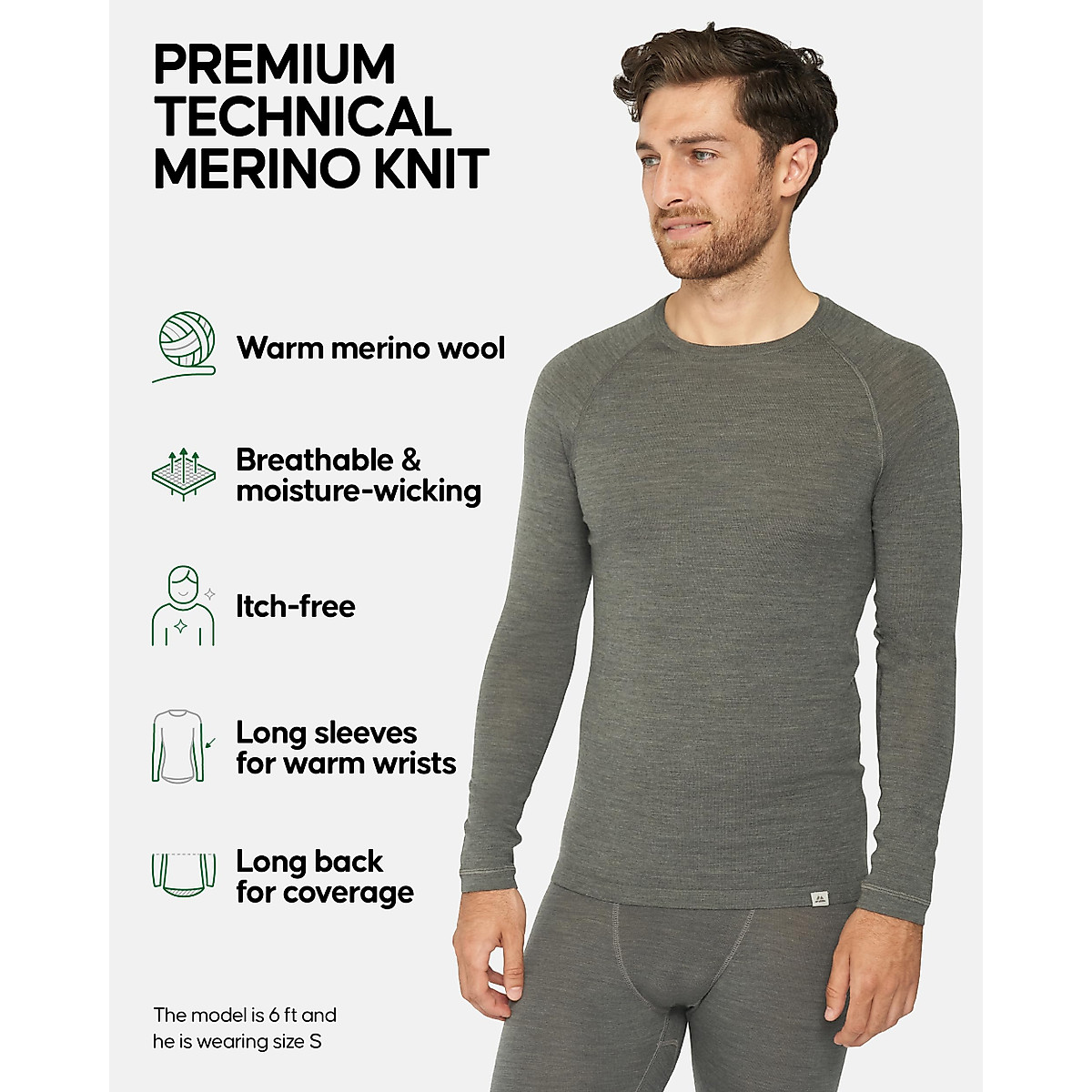 DANISH ENDURANCE Merino Wool Long Sleeve Base Layer Shirt for Men, Thermal Shirt Dark Grey