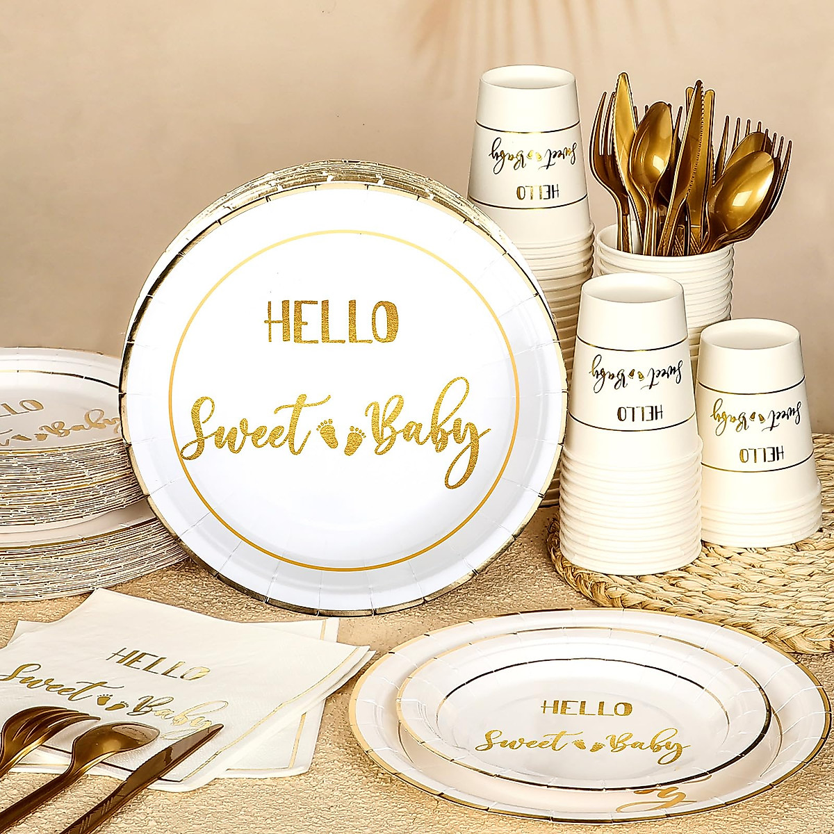 Yungyan 400 Pcs Baby Shower Dinnerware for 50 Guest Baby Shower Paper Plate Napkin Set Baby Shower Plate Napkins Cup Footprint Disposable Knives Fork Spoon Gender Reveal(Gold,Classic)