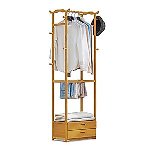 MoNiBloom Bamboo Garment Rack with Drawers and Hooks, Freestanding Clothes Racks Storage Shelving Organizer Unit for Bedroom Laundry Room Guest Room, Natural
