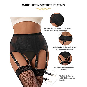 ohyeahqueen Plus Size High Waisted Garter Belts Six Straps Mesh Lace Suspender Belt Metal Clip for Stocking, Style3：black, X-Small-Small