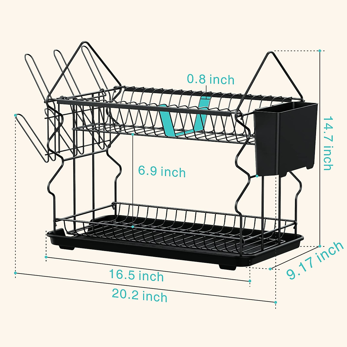 Veckle Dish Drying Rack for Kitchen Counter 2 Tier Small Dish Racks for Plates and Bowls Sets Rust-Resistant Dinnerware Drainer with Drainboard Tray, Glass Holder and Utensil Holder, Black