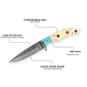 Perkin Handmade Damascus Steel Hunting Knife - Bone and Turquoise Handle -9 inches long